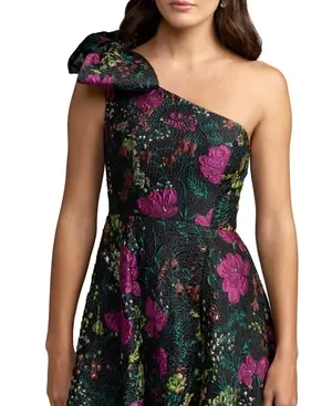 Mac Duggal One Shoulder Brocade Gown With Bow Detail - Black Multi