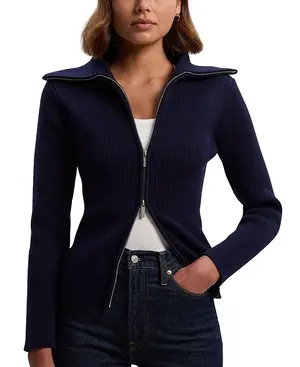 Karen Millen Cotton Zip Through Collar Knit Cardigan - Navy