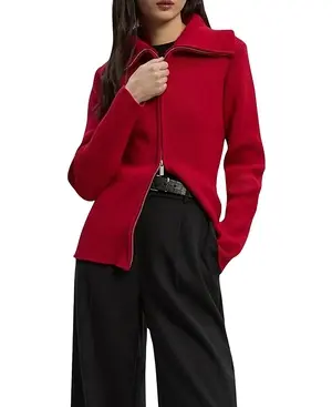 Karen Millen Cotton Zip Through Collared Knit Cardigan - Red