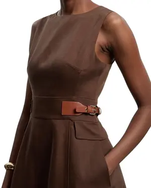 Karen Millen Belted Crewneck Midi Dress - Chocolate