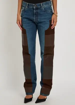 Versace Patchwork Leather And Suede Straight-leg Jeans - Blue