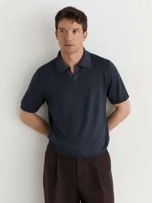 REISS Rook Pigment-dyed Merino Wool Open-collar Polo Shirt - Navy