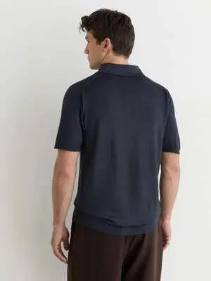 REISS Rook Pigment-dyed Merino Wool Open-collar Polo Shirt - Navy