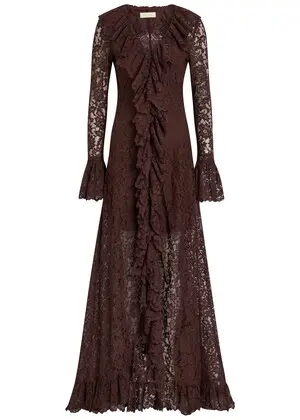 DE LA VALI Clementina Ruffled Guipure Lace Maxi Dress - Brown
