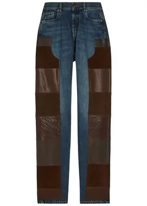 Versace Patchwork Leather And Suede Straight-leg Jeans - Blue