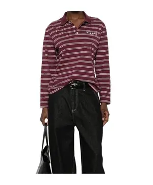 SPORTY  RICH Sporty & Rich Striped Long Sleeve Polo Shirt