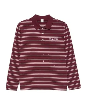 SPORTY  RICH Sporty & Rich Striped Long Sleeve Polo Shirt - Red