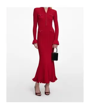SELF-PORTRAIT Beaded-trim Ribbed Midi Dress