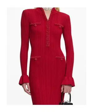 SELF-PORTRAIT Beaded-trim Ribbed Midi Dress