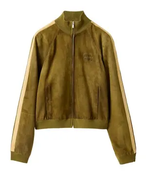 Miu Miu Waxed Suede Zip-up Jacket With Knit Collar And Welt Pockets - Brown