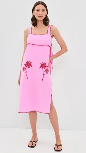 English Factory Tropical Embroidered Midi Dress With Contrast Whipstitch Trim
