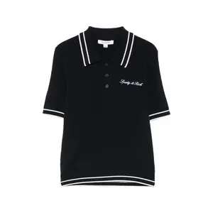 SPORTY  RICH Sporty & Rich Striped Short Sleeve Polo Shirt - Black