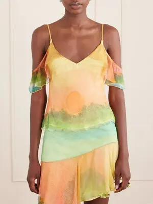 DONDE ESTEBAN Formentera Silk-chiffon Cold Shoulder Tank - Orange