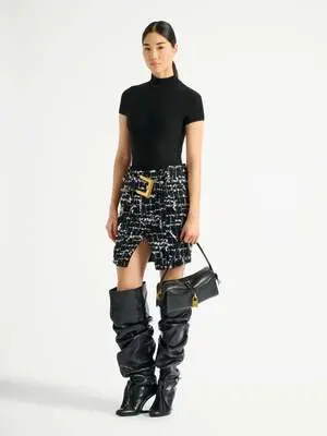 Balmain Belted Fringed Tweed Mini Skirt