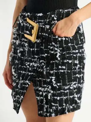 Balmain Belted Fringed Tweed Mini Skirt