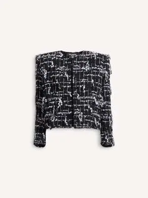 Balmain Cropped Fringed Tweed Jacket - Black