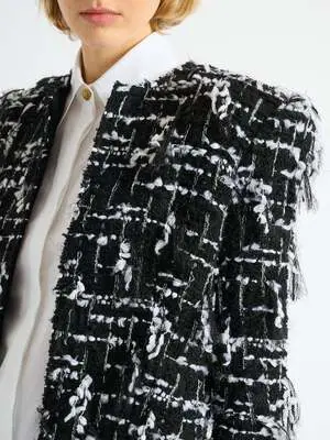 Balmain Cropped Fringed Tweed Jacket - Black
