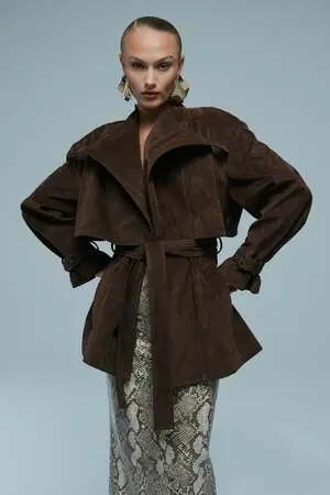 Bardot Veronica Vegan Suede Jacket With Tie Detail - Dark Choco