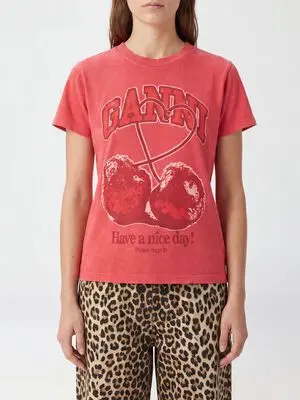 GANNI Crew Neck Cotton T-shirt With Printed Logo - Red