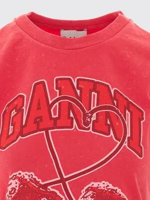 GANNI Crew Neck Cotton T-shirt With Printed Logo - Red