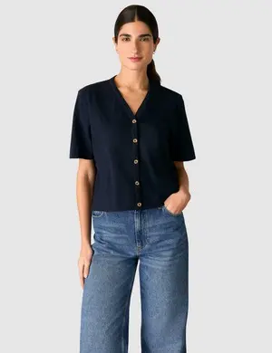 Whistles Ella V-neck Button Through Top - Navy
