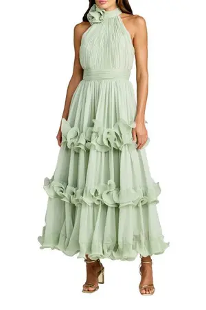 Mac Duggal Chiffon Halter Neck Tiered Ruffle Midi Dress