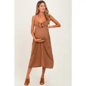 PINKBLUSH Sleeveless Midi Dress With Front Tie Detail - Camel