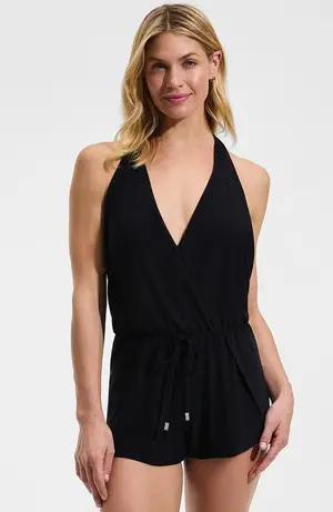LANDS' END Slenderlite Surplice Halter Swim Romper With Hidden Shorts