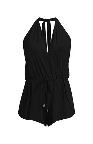 LANDS' END Slenderlite Surplice Halter Swim Romper With Hidden Shorts