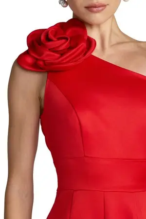Mac Duggal One-shoulder Satin Midi Dress With 3d Flower Applique
