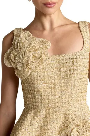 Mac Duggal Sleeveless Boucle Floral Appliqué Mini Dress