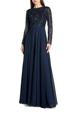 Mac Duggal Embellished Lace Long Sleeve Gown With Chiffon Skirt