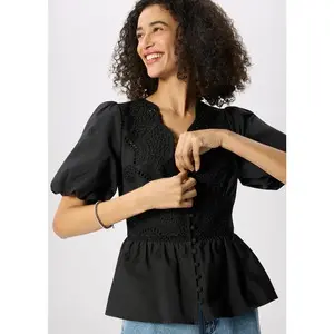 Whistles Broderie V-neck Peplum Blouse - Black