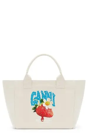 GANNI Medium Trapeze Canvas Shopper Bag With Strawberry Graphic - Sunlight
