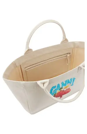 GANNI Medium Trapeze Canvas Shopper Bag With Strawberry Graphic