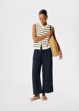 Whistles 100% Cotton Textured Wide Leg Trousers - Navy