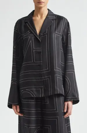 TOTEME Monogram Embroidered Organic Silk Pajama Top - Black