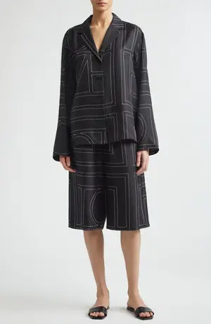 TOTEME Monogram Embroidered Organic Silk Pajama Top