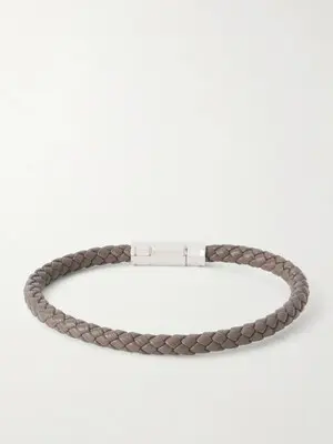 TOM FORD Logo-engraved Silver-tone And Woven Leather Bracelet