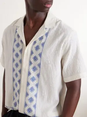 Orlebar Brown Maitan Camp-collar Embroidered Cotton Shirt - Neutrals