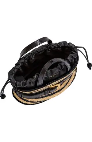 Balmain Mini Shuffle Bag In Raffia And Smooth Calfskin Leather