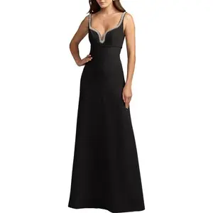Mac Duggal Petite Sleeveless Crepe A-line Gown With Rhinestone Trim - Black