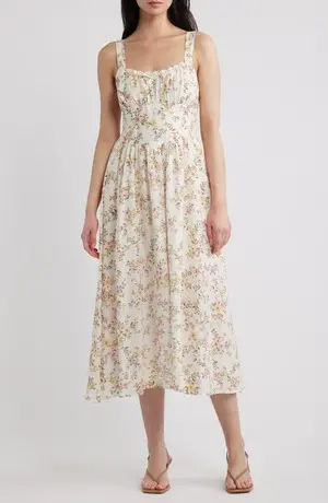BLU PEPPER Lace Detail Floral Midi Dress - Cream Multi