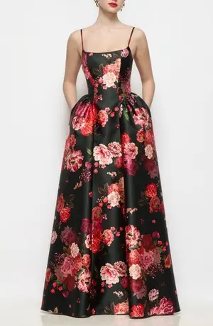 Dessy Collection Jillian Floral Satin Twill Gown - Wine Black Multi