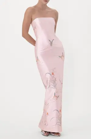 SAU LEE Ilsa Embroidered Strapless Satin Gown