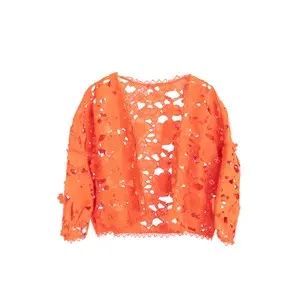 Saachi Floral Lace Cut Out Coral Bolero - Orange