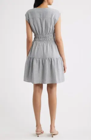 Julia Jordan Tiered Stripe Seersucker V-neck Dress - White Multi