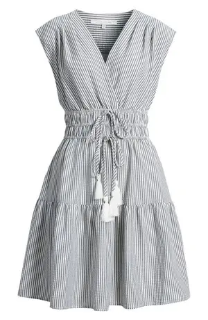 Julia Jordan Tiered Stripe Seersucker V-neck Dress - White Multi
