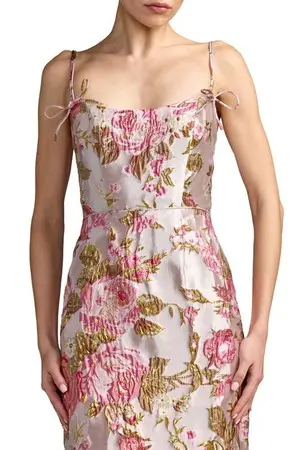 Mac Duggal Floral Brocade Midi Dress With Bow Tie Straps