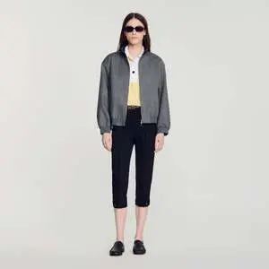 Sandro Wool Jacket With Leather Stand Collar - Grey